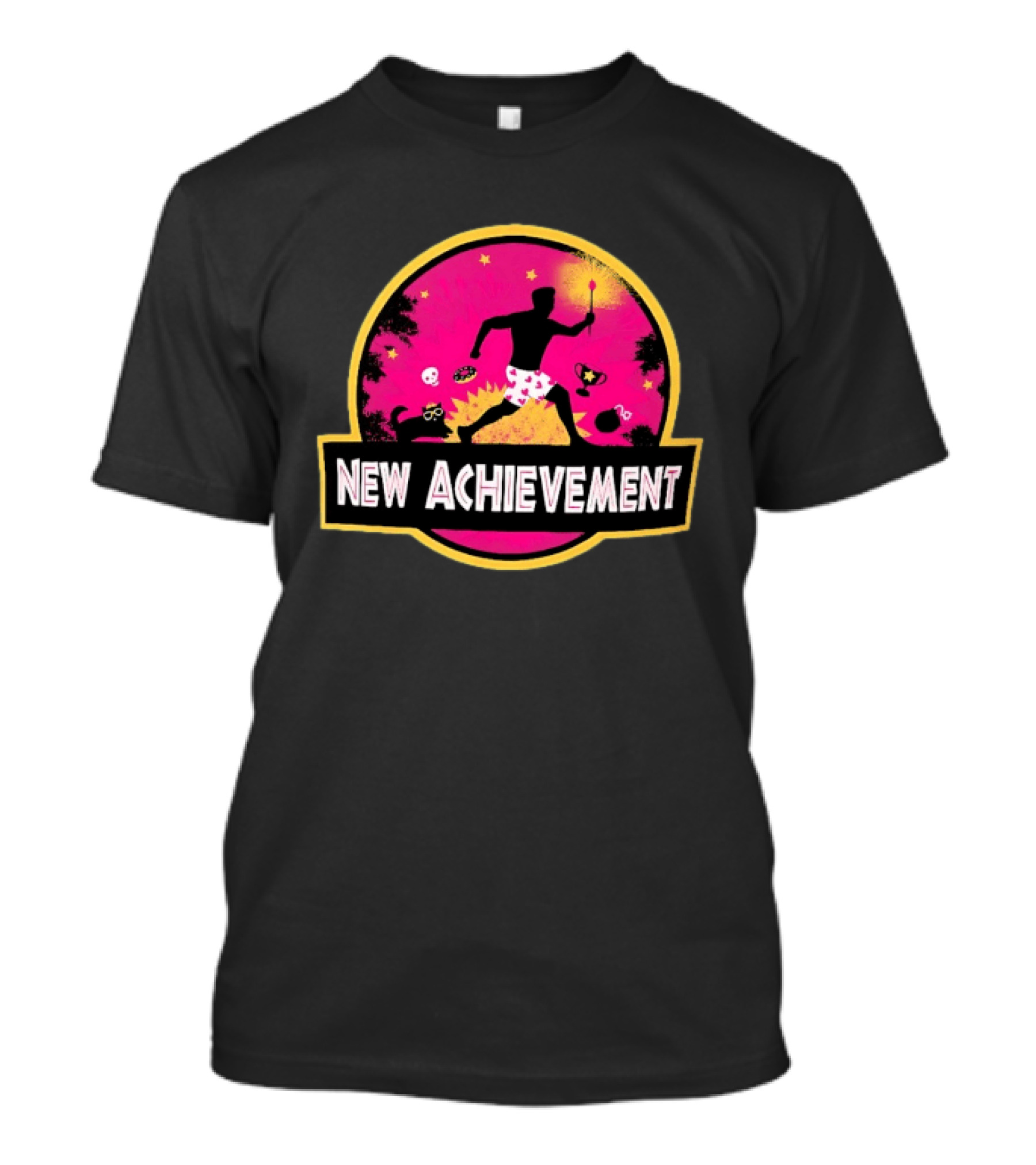 New Achievement Gaming Gamer Video Game Silhouette With Cat And Trophy T-Shirt