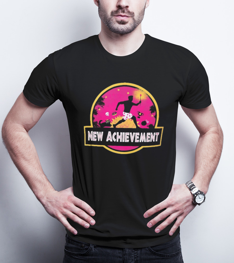 New Achievement Gaming Gamer Video Game Silhouette With Cat And Trophy T-Shirt