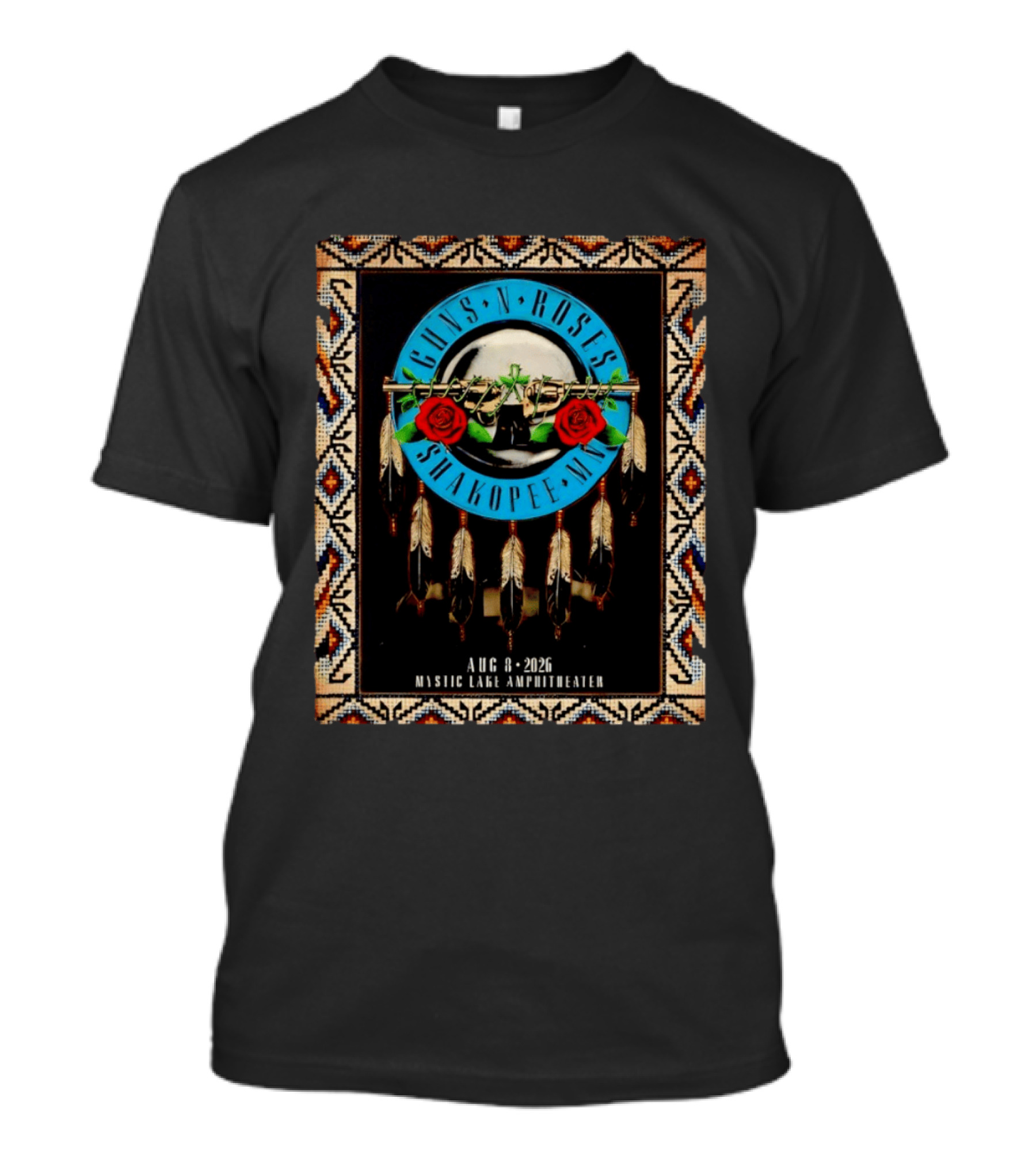 Guns N' Roses Shakopee MN August 8 2026 Mystic Lake Amphitheater Beaded Border Feathers Roses T-Shirt