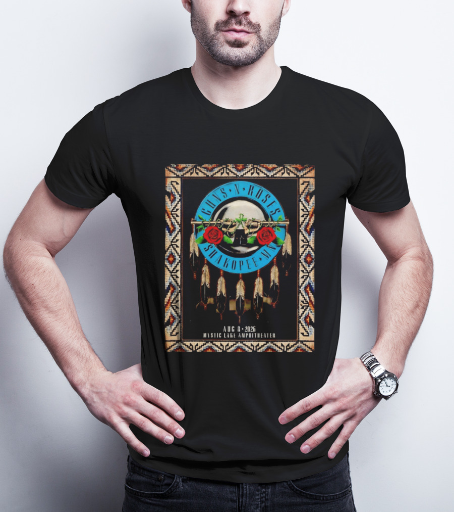 Guns N' Roses Shakopee MN August 8 2026 Mystic Lake Amphitheater Beaded Border Feathers Roses T-Shirt