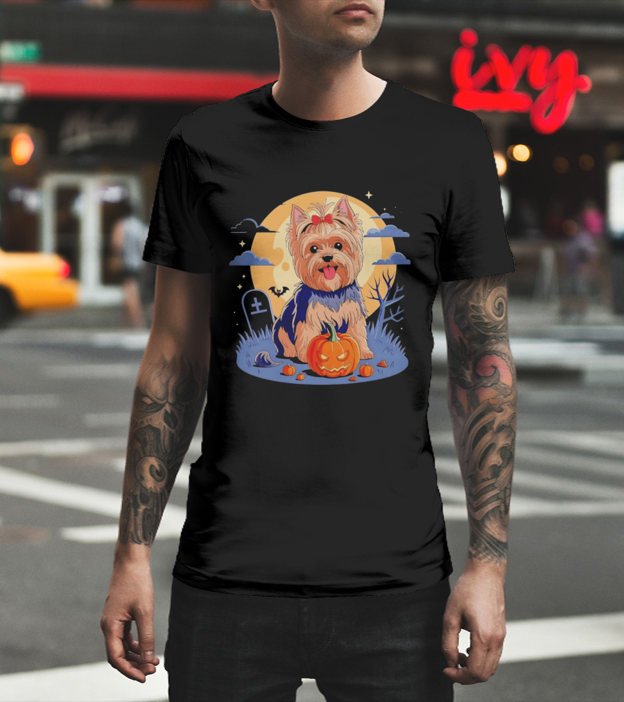 Yorkshire Terrier With Pumpkin On Spooky Halloween Night T-Shirt