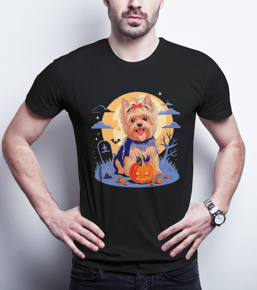 Yorkshire Terrier With Pumpkin On Spooky Halloween Night T-Shirt