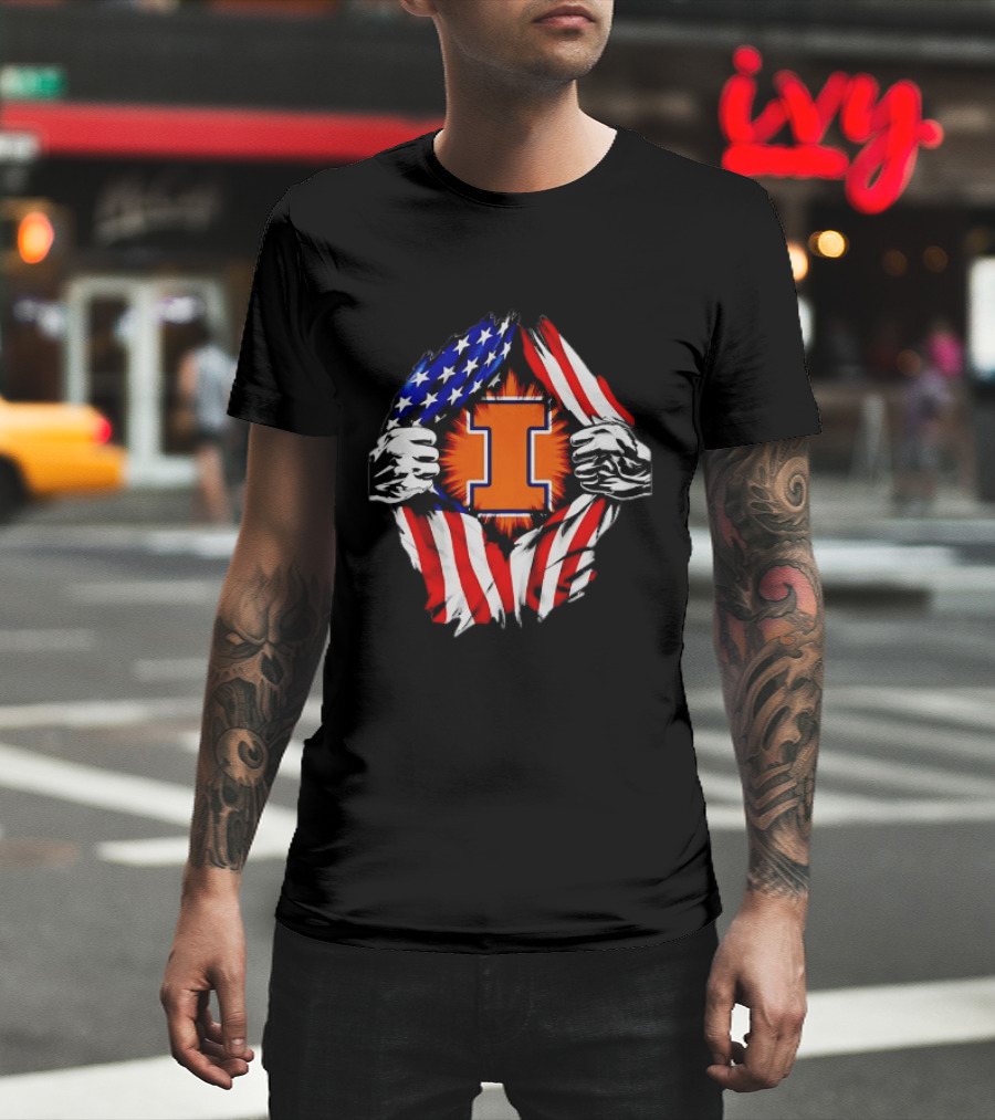 Illinois Fighting Illini I Letter American Flag Patriotic Rip T-Shirt