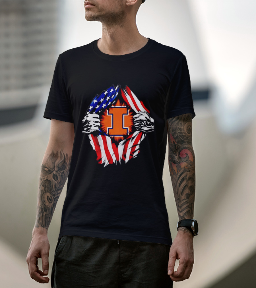 Illinois Fighting Illini I Letter American Flag Patriotic Rip T-Shirt