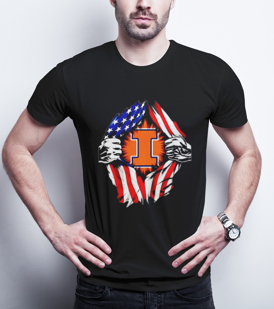 Illinois Fighting Illini I Letter American Flag Patriotic Rip T-Shirt