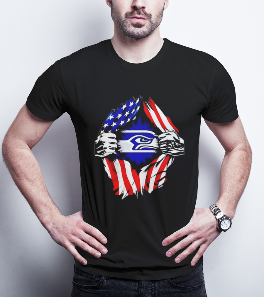 Seattle Seahawks American Flag Ripped Chest USA Fan Gear T-Shirt