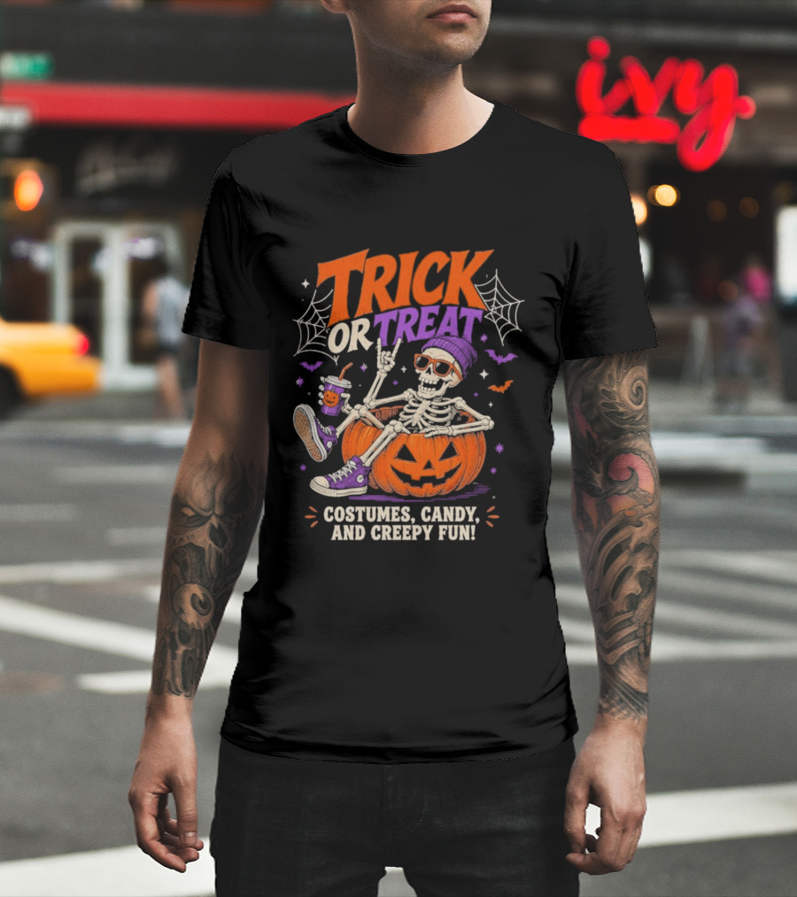 Skeleton Trick Or Treat Costumes Candy And Creepy Fun Halloween Party T-Shirt