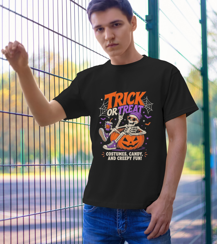 Skeleton Trick Or Treat Costumes Candy And Creepy Fun Halloween Party T-Shirt