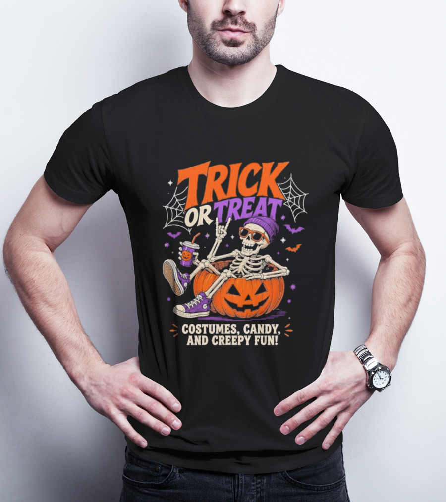 Skeleton Trick Or Treat Costumes Candy And Creepy Fun Halloween Party T-Shirt