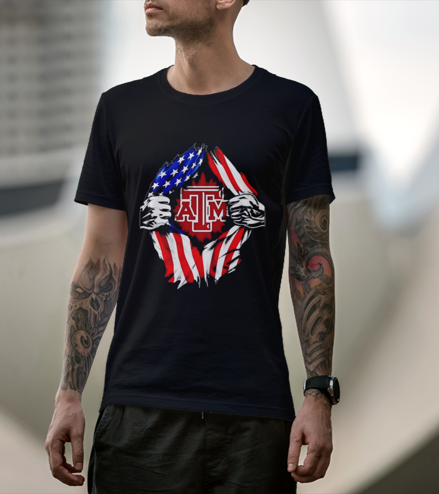 Texas A And M University Ripped Chest American Flag T-Shirt
