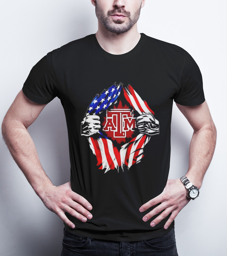 Texas A And M University Ripped Chest American Flag T-Shirt