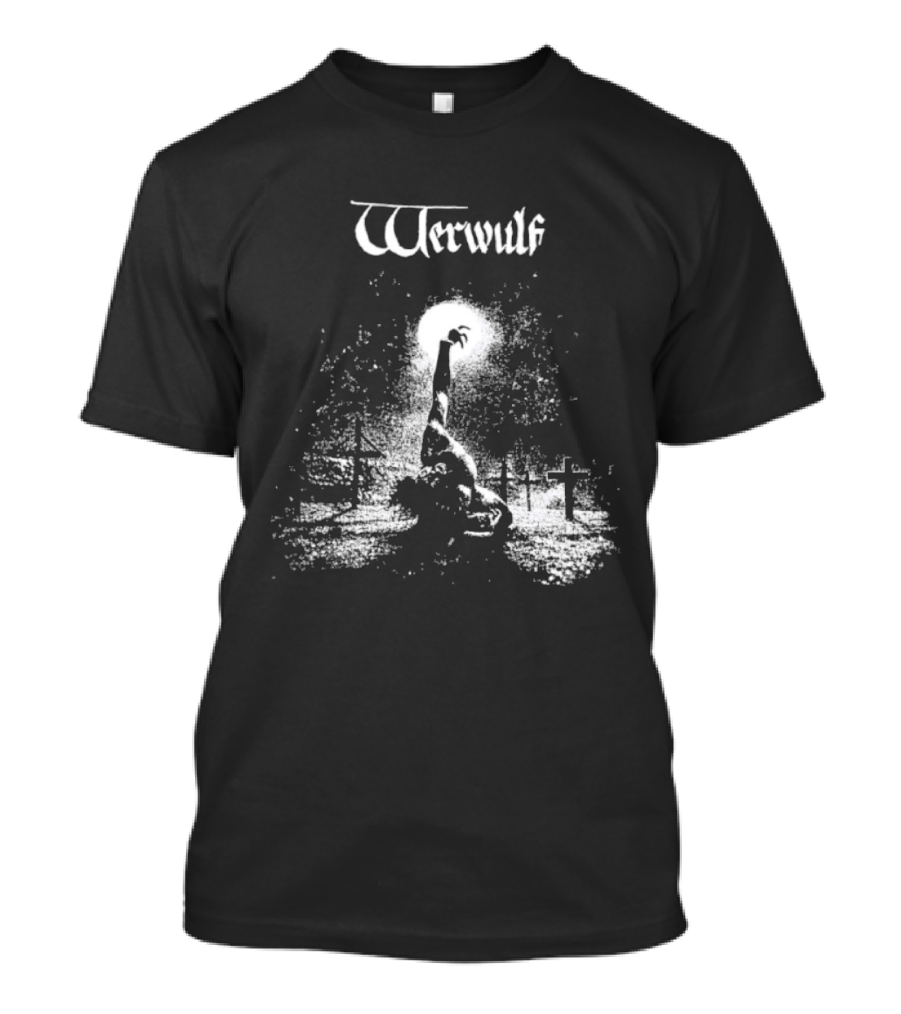 Werwulf Devoureth All Mankynde Black Metal Crosses And Moonlit Scene T-Shirt