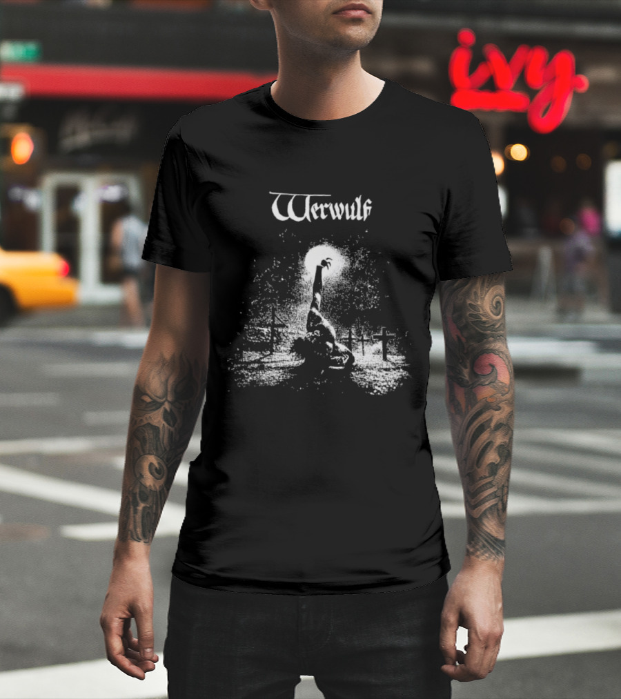 Werwulf Devoureth All Mankynde Black Metal Crosses And Moonlit Scene T-Shirt