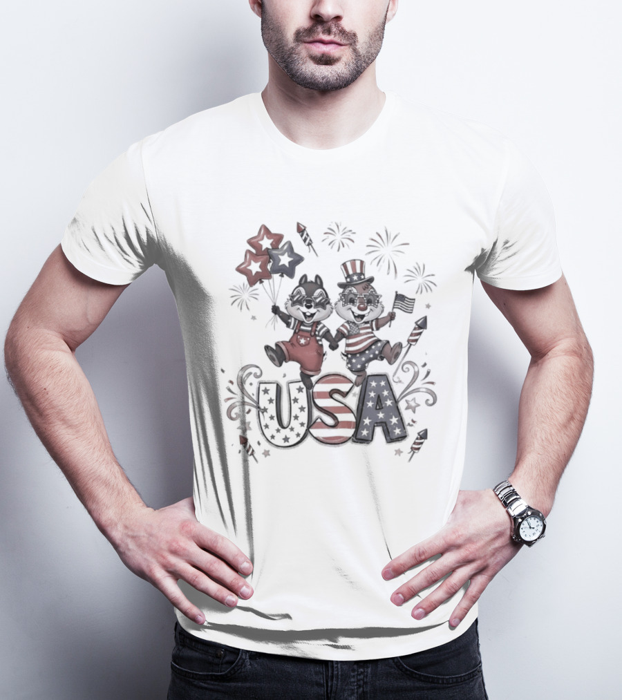 Chip And Dale USA Patriotic Fireworks Stars And Stripes Fourth Of July T-Shirt