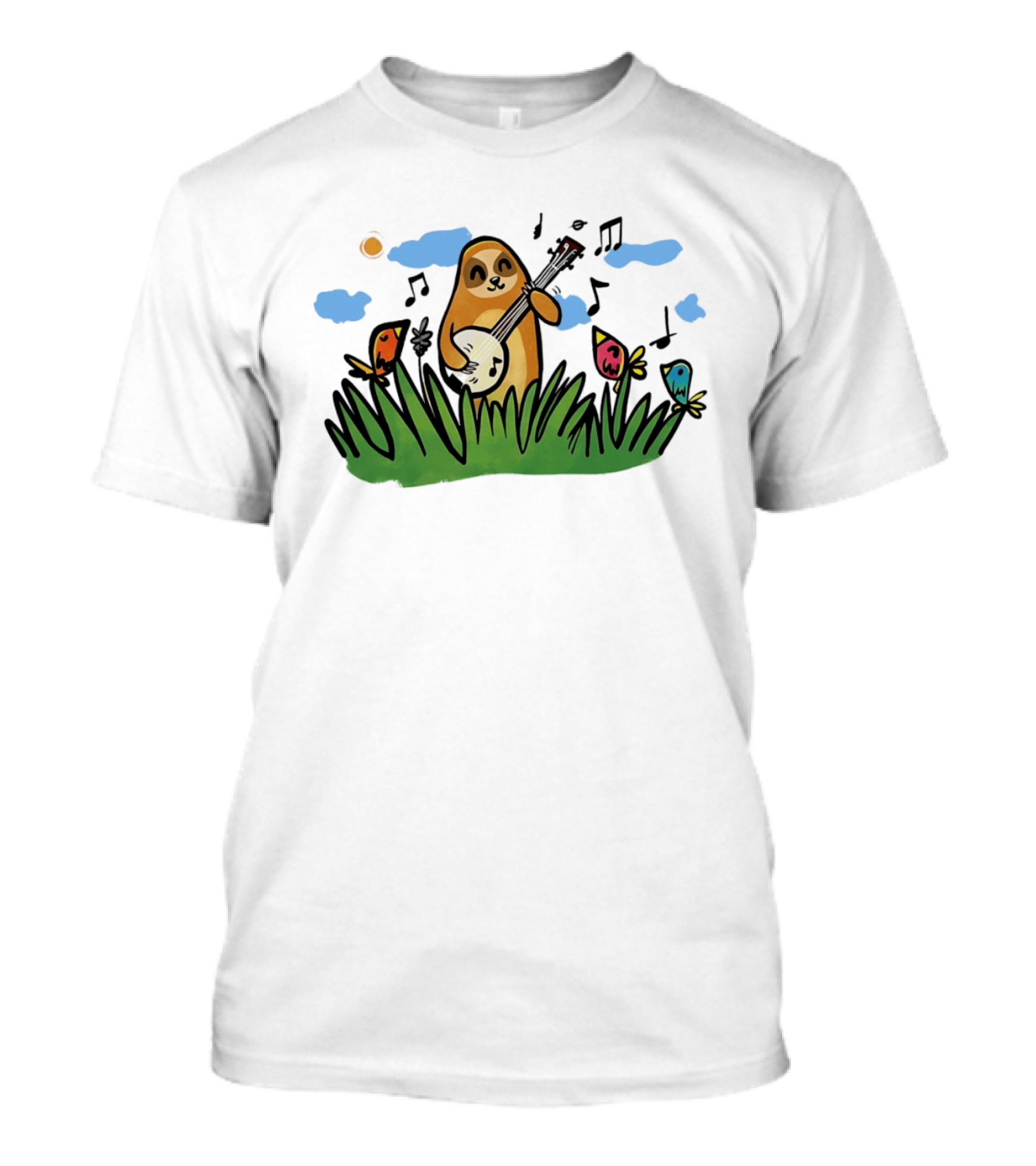 Sloth Happy Playing The Banjo With Singing Birds T-Shirt