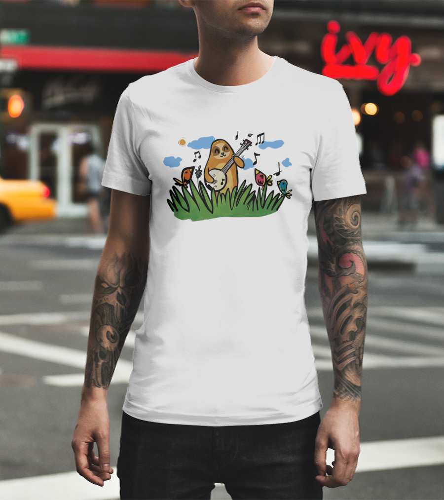 Sloth Happy Playing The Banjo With Singing Birds T-Shirt