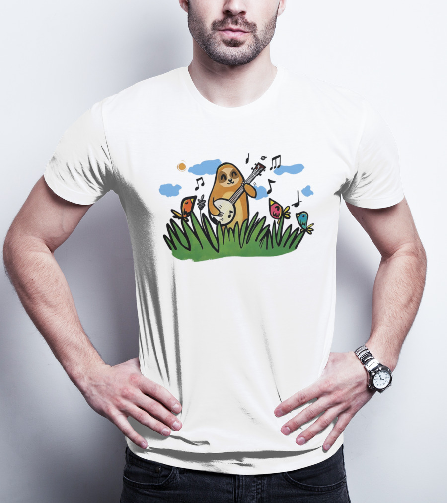 Sloth Happy Playing The Banjo With Singing Birds T-Shirt