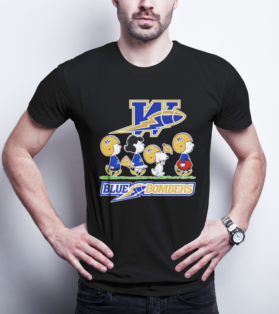 Peanuts Characters Winnipeg Blue Bombers CFL Collaboration Charlie Brown Snoopy Lucy Football Helmets T-Shirt