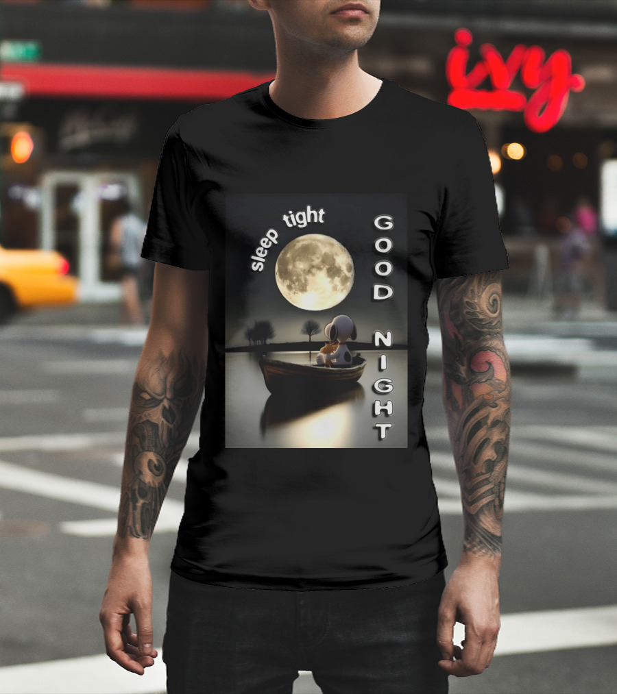 Sleep Tight Good Night Snoopy And Woodstock Moonlight Boat Scene T-Shirt