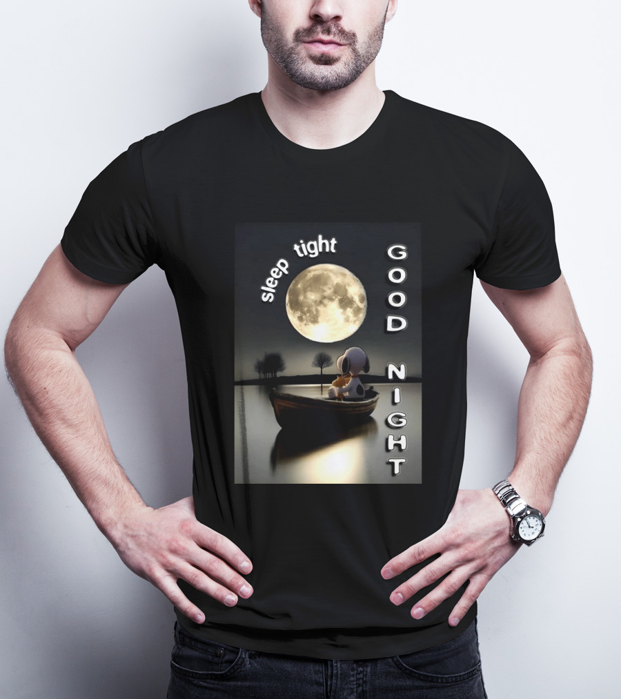 Sleep Tight Good Night Snoopy And Woodstock Moonlight Boat Scene T-Shirt