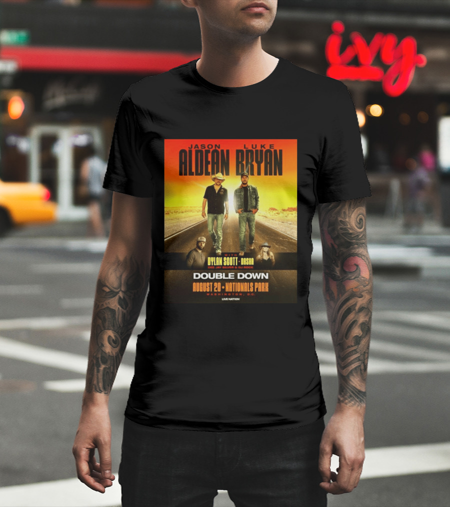 Jason Aldean Luke Bryan Double Down August 20 Nationals Park Washington D.C. With Dylan Scott Dasha Dee Jay Silver Dj Rock Live Nation T-Shirt