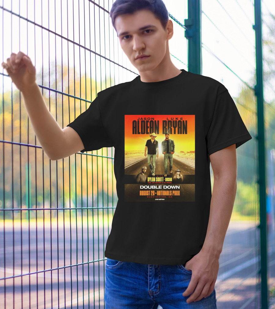 Jason Aldean Luke Bryan Double Down August 20 Nationals Park Washington D.C. With Dylan Scott Dasha Dee Jay Silver Dj Rock Live Nation T-Shirt