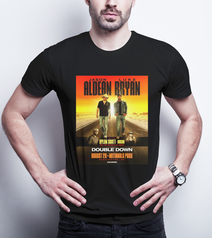 Jason Aldean Luke Bryan Double Down August 20 Nationals Park Washington D.C. With Dylan Scott Dasha Dee Jay Silver Dj Rock Live Nation T-Shirt