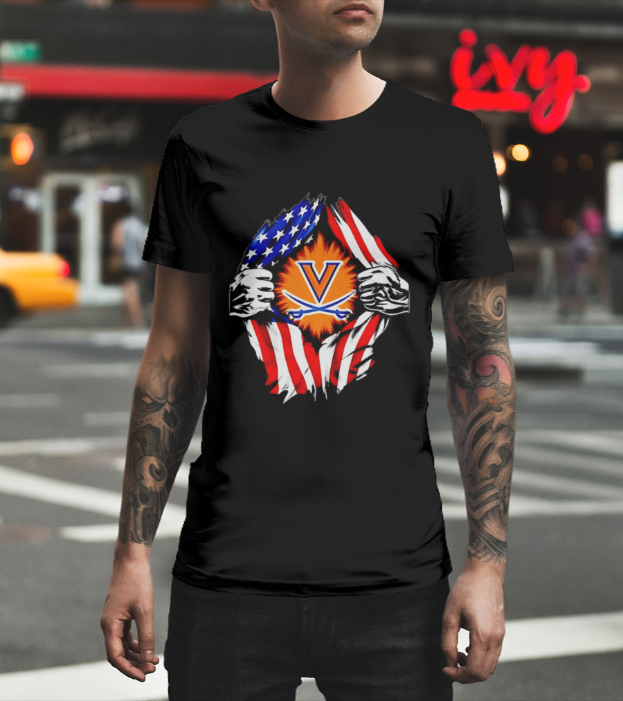 Virginia Cavaliers American Flag Ripped Chest V T-Shirt