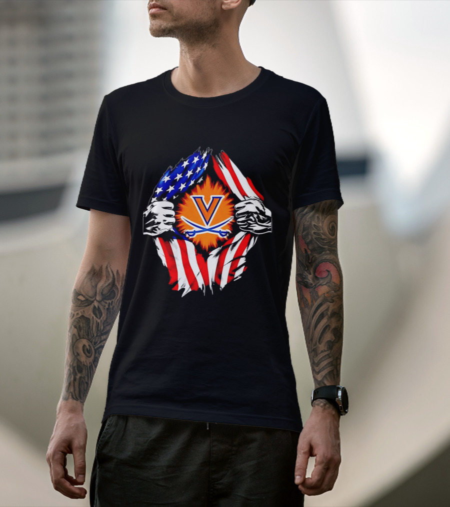 Virginia Cavaliers American Flag Ripped Chest V T-Shirt