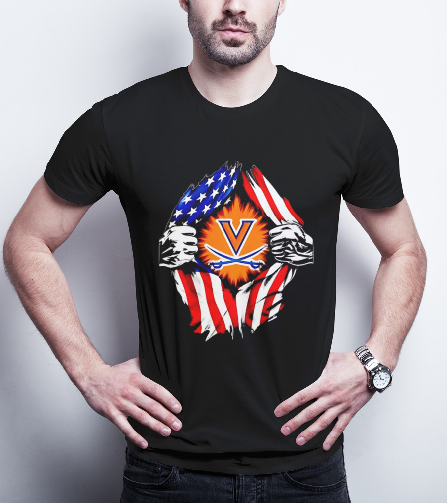 Virginia Cavaliers American Flag Ripped Chest V T-Shirt