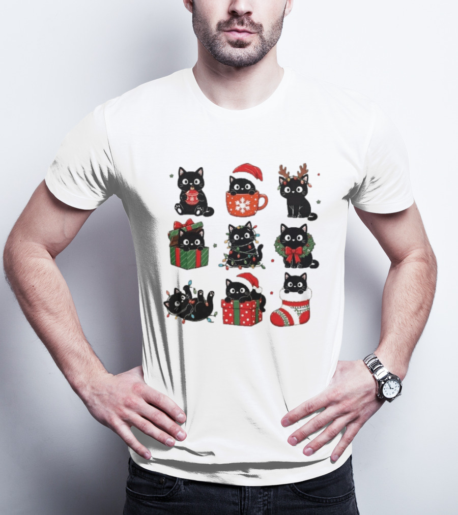 Black Cats Christmas Grid T-Shirt