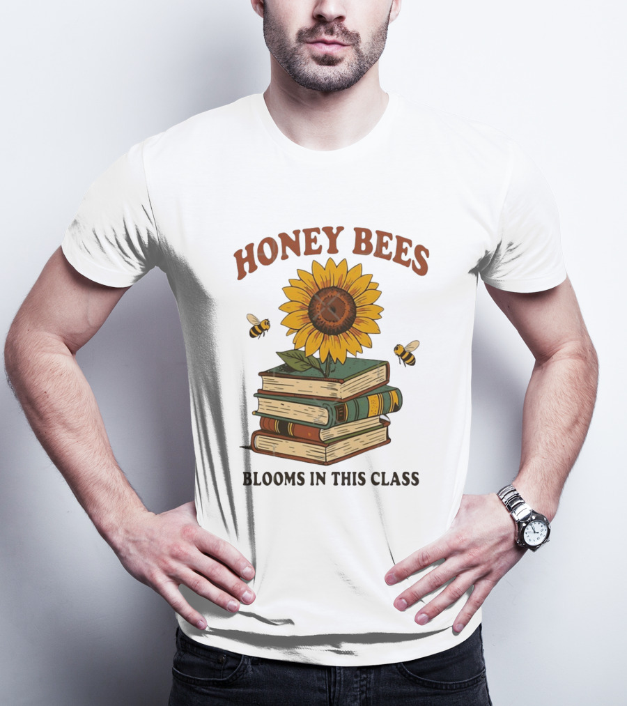 Honey Bees Blooms In This Class Sunflower And Books T-Shirt