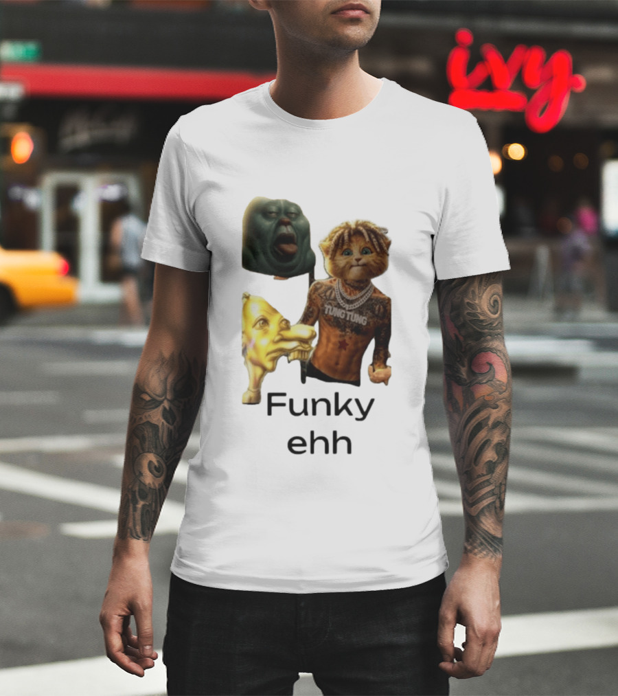 Neegy Funky Ehh Tung Tung Cat Tattoo Character Trio T-Shirt