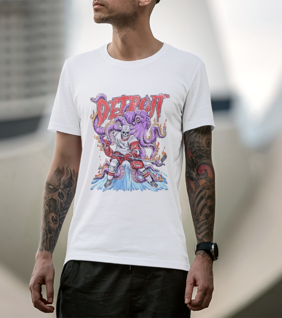 Detroit Red Wings Skeleton Hockey Octopus Distressed T-Shirt