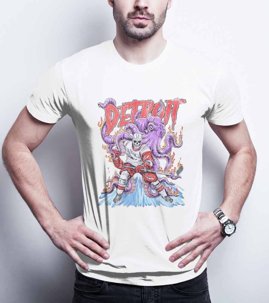 Detroit Red Wings Skeleton Hockey Octopus Distressed T-Shirt