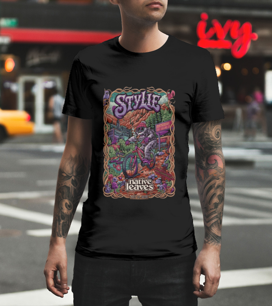 Stylie Native Leaves Yeti Mountain Biking Sound Bar Fort Collins Oct 10 2026 T-Shirt