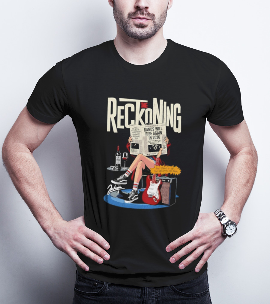 The Reckoning Bands Will Rise Again 2026 Woman Reading Newspaper Red Electric Guitar Amp T-Shirt
