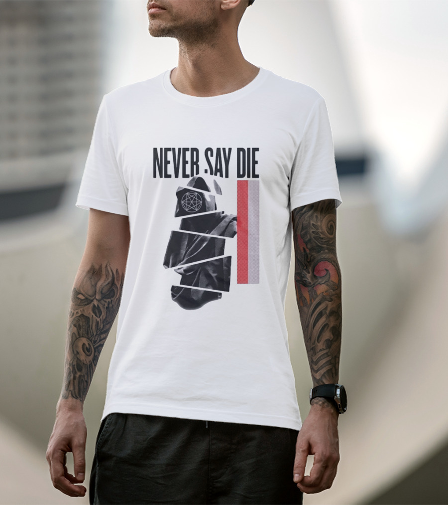 Never Say Die Hooded Occult Figure With Pentagram Halftone T-Shirt