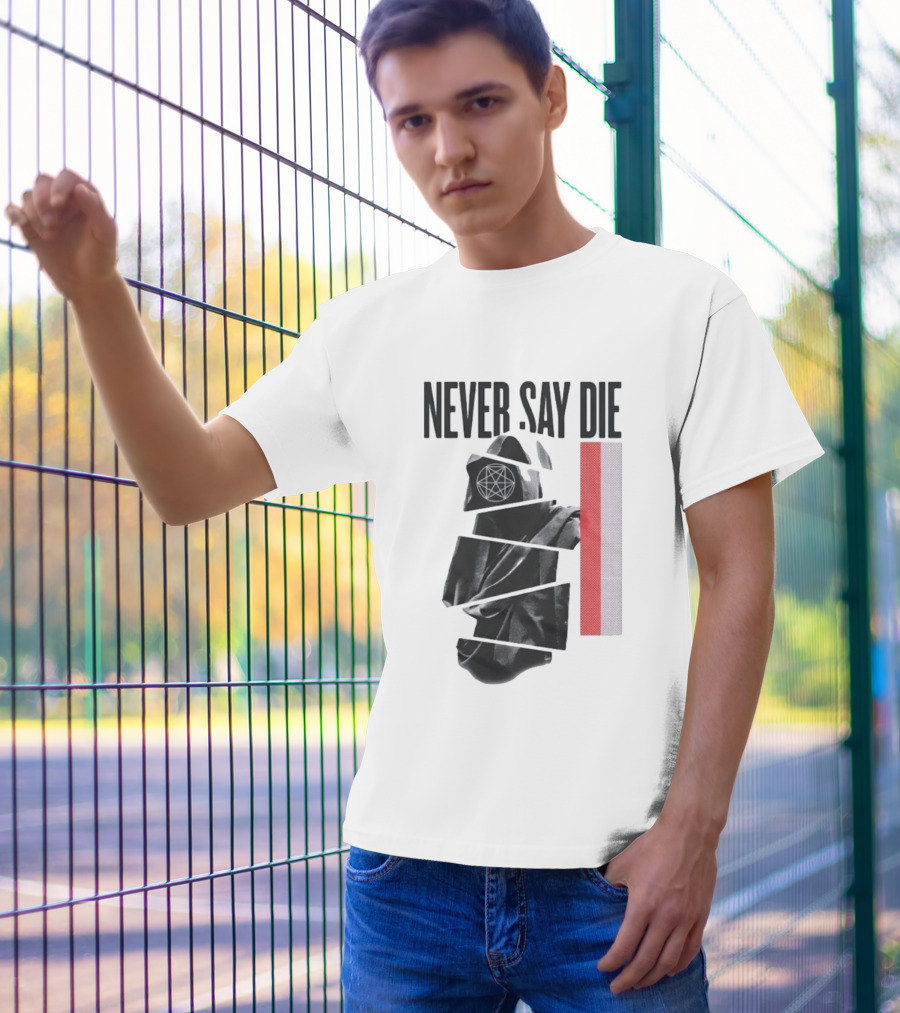 Never Say Die Hooded Occult Figure With Pentagram Halftone T-Shirt