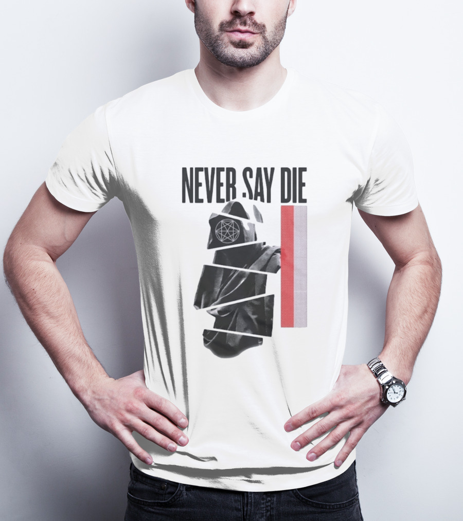 Never Say Die Hooded Occult Figure With Pentagram Halftone T-Shirt