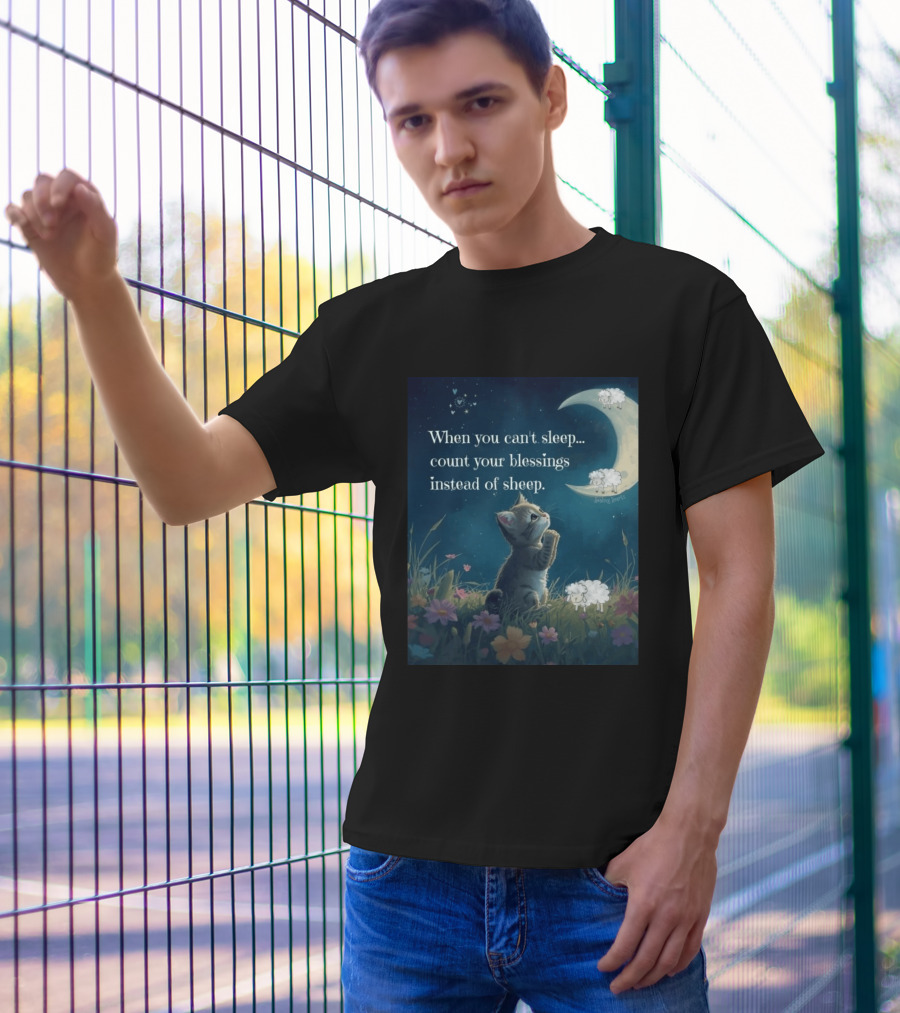 Cat When You Can't Sleep Count Your Blessings Instead Of Sheep Healing Vibes Moon Sheep Flowers T-Shirt