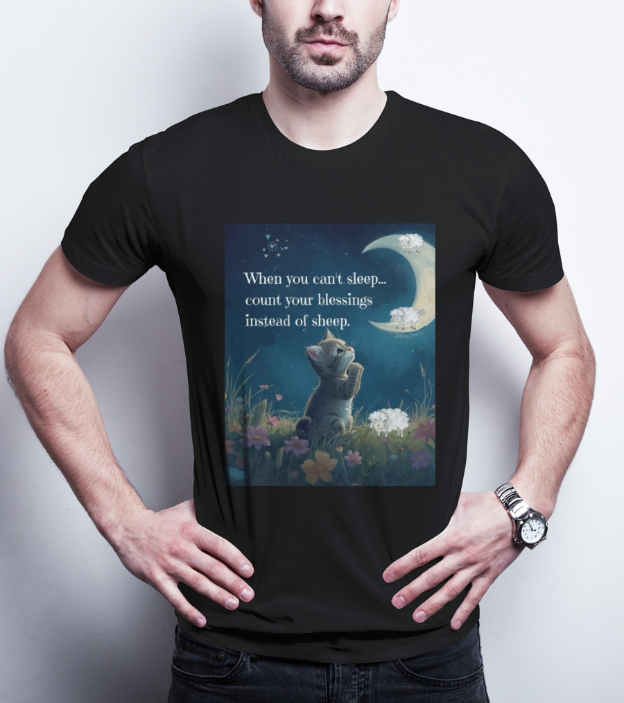 Cat When You Can't Sleep Count Your Blessings Instead Of Sheep Healing Vibes Moon Sheep Flowers T-Shirt