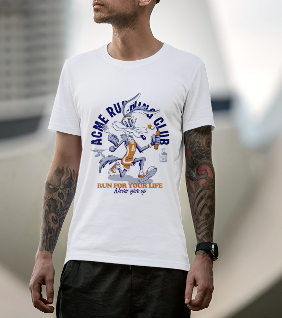 Acme Running Club Wile E Coyote Run For Your Life Never Give Up T-Shirt