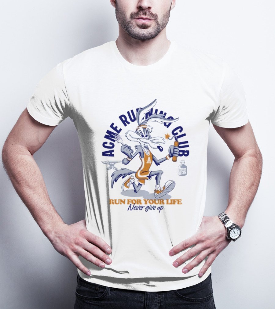 Acme Running Club Wile E Coyote Run For Your Life Never Give Up T-Shirt