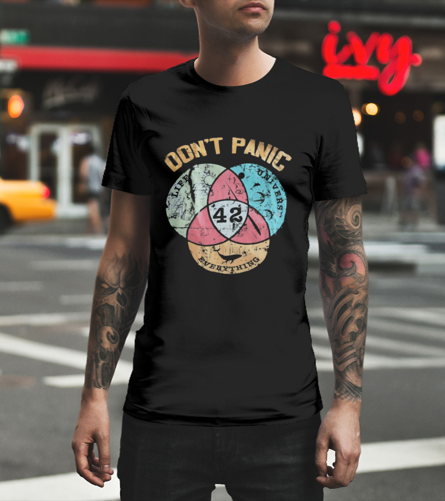 Don't Panic Life Universe Everything 42 Distressed T-Shirt