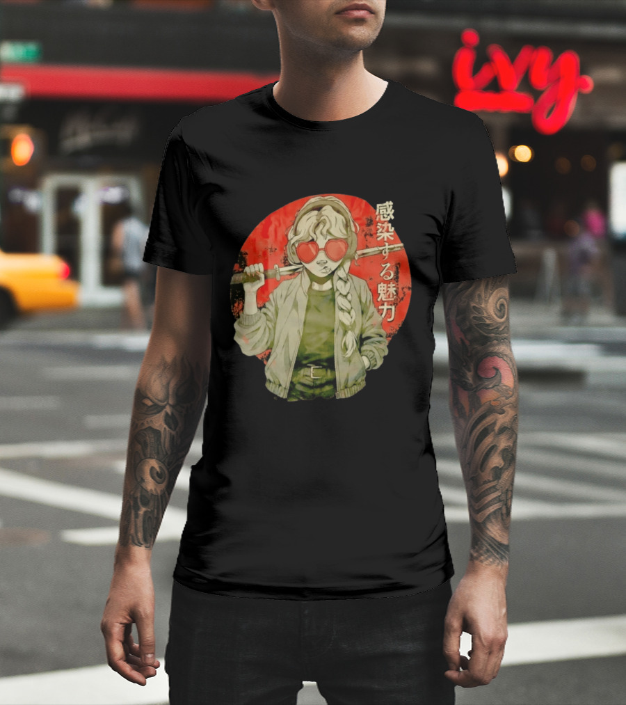 Anime Katana Girl Infectious Charm Heart Sunglasses Braided Hair T-Shirt