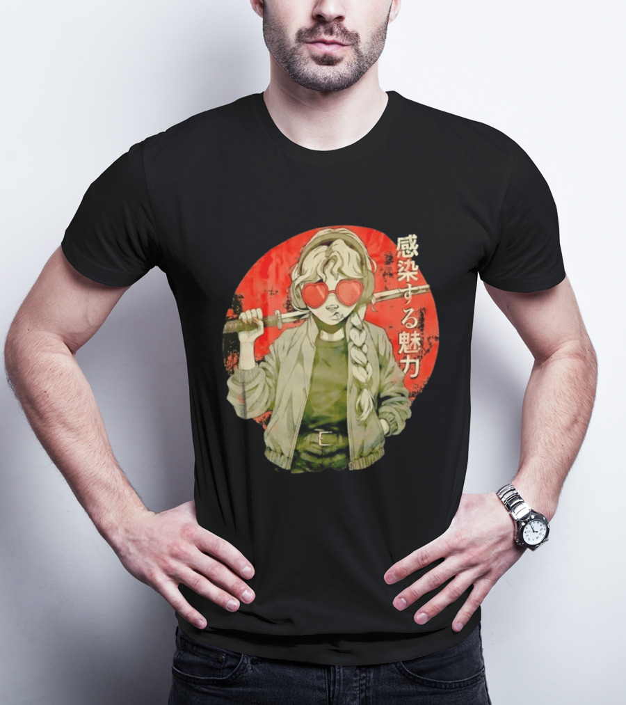 Anime Katana Girl Infectious Charm Heart Sunglasses Braided Hair T-Shirt