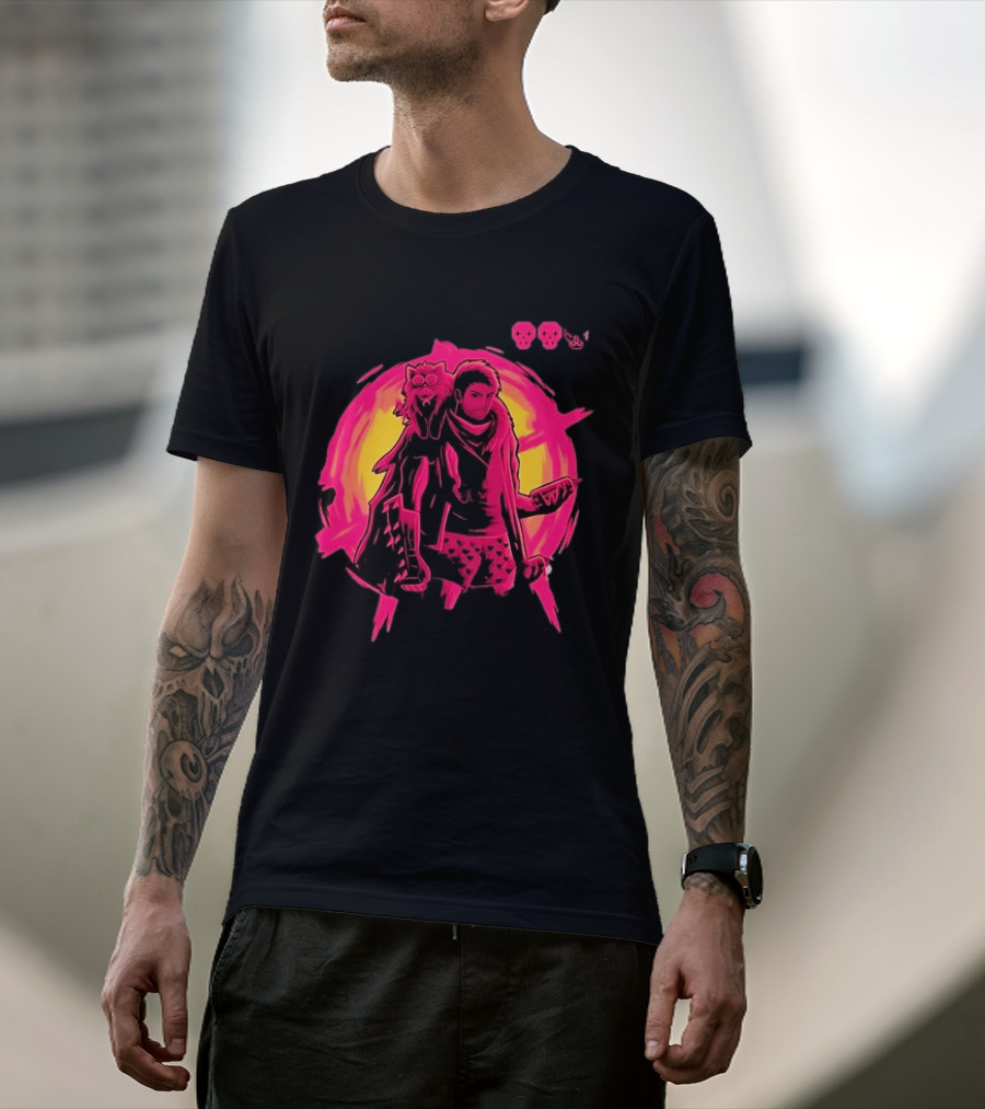 Post Apocalyptic Survivor Cat Companion Heart Boxers Pink Skull T-Shirt