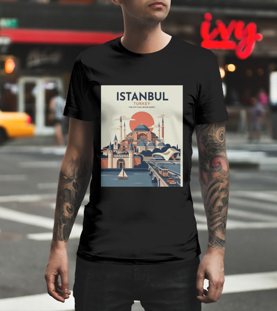 Istanbul Turkey The City That Never Sleeps Iconic Landmarks Urban Skyline Retro Style Scenic Tram And Sailboat T-Shirt