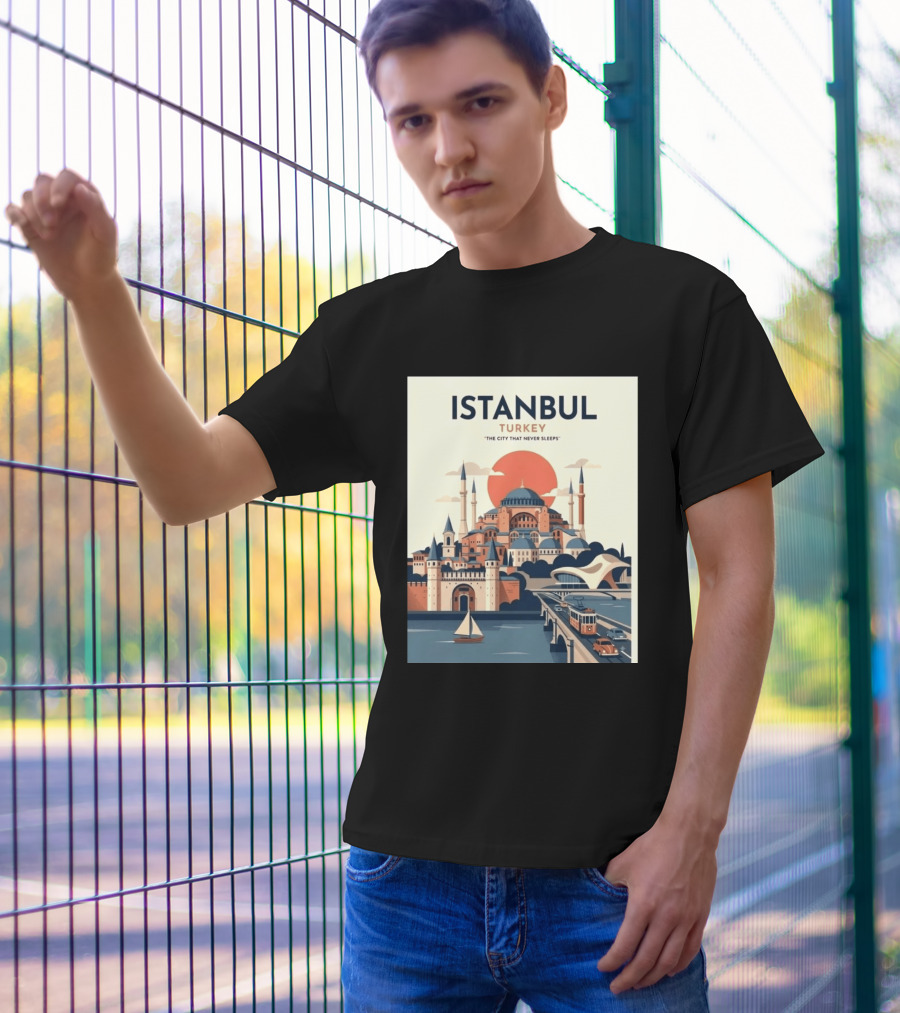 Istanbul Turkey The City That Never Sleeps Iconic Landmarks Urban Skyline Retro Style Scenic Tram And Sailboat T-Shirt
